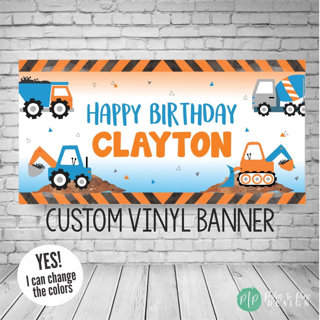 Personalized Construction Birthday Banner, Excavator & Dump Truck Boys ...