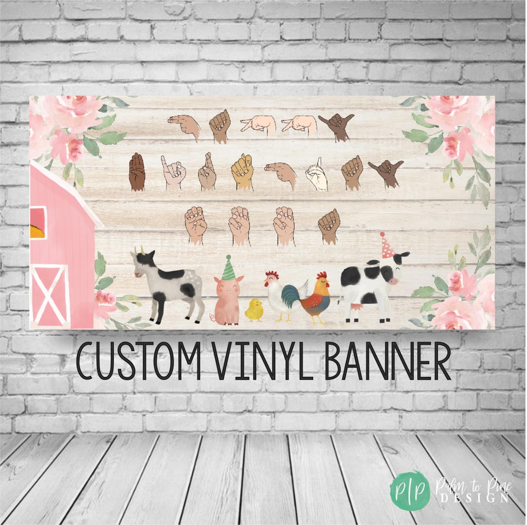 ASL Farm Birthday Banner | Pink Barnyard Party Decorations in Sign ...