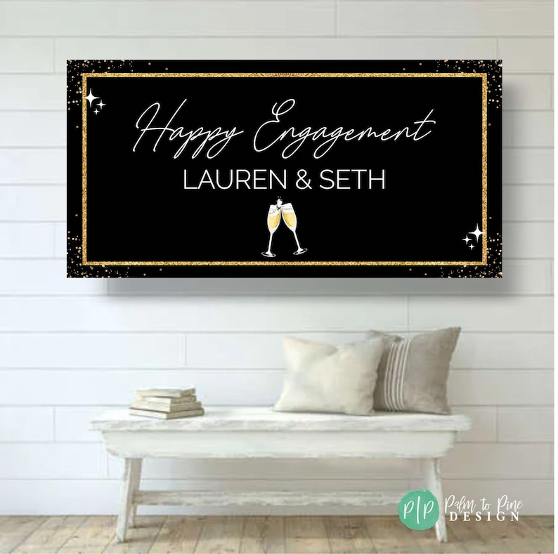 Personalized Engagement Banner, Elegant Gold and Black Engagement Party ...