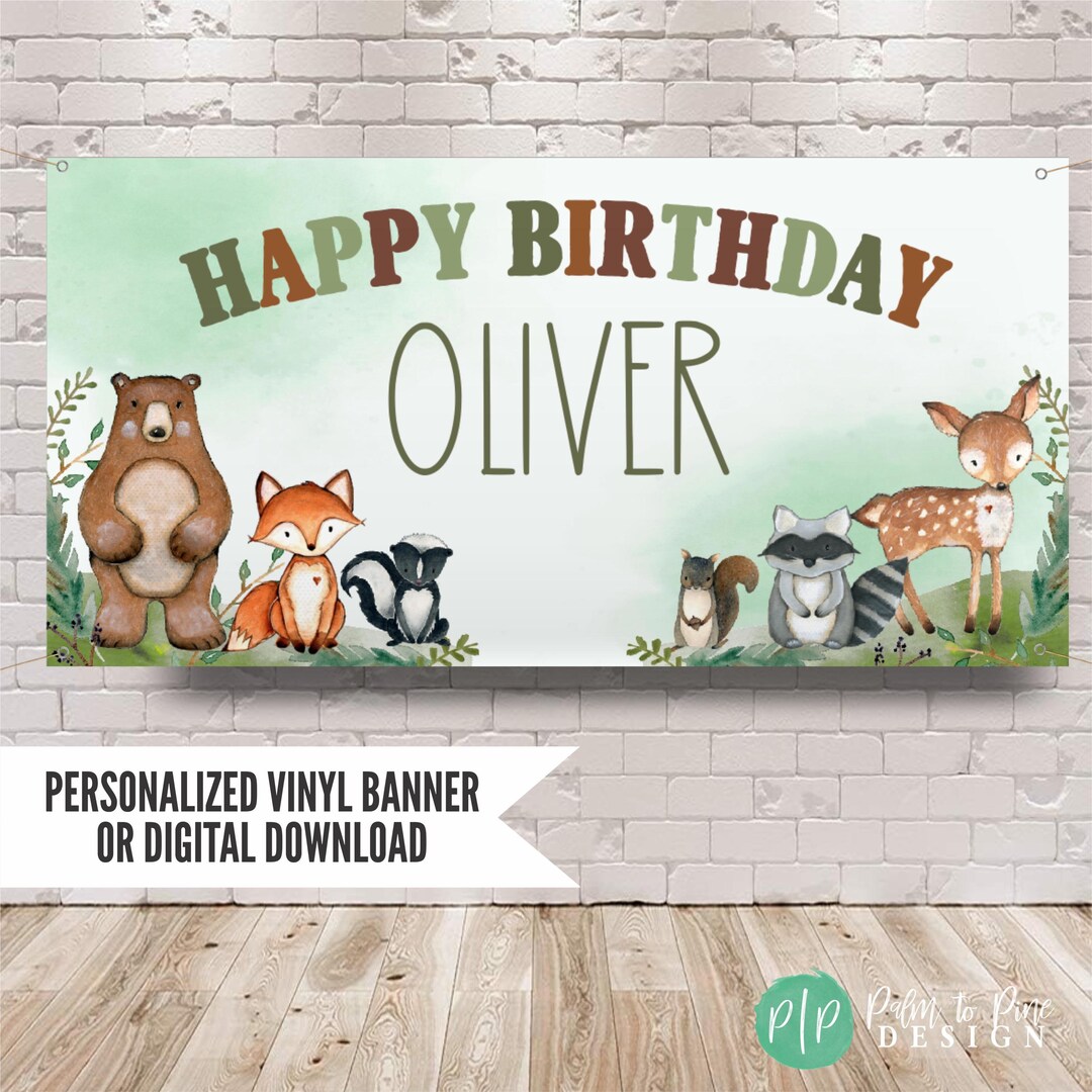 Woodland Birthday Banner, Rustic Forest Animal Party Decor, Custom Wild ...