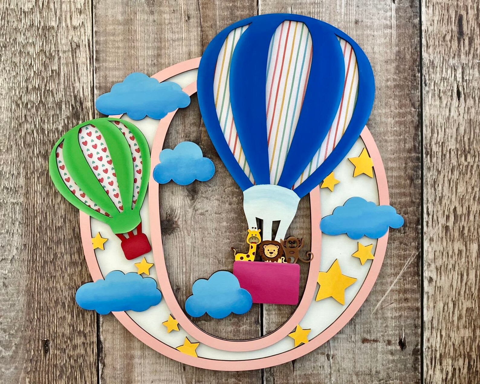 Animals in Hot Air Balloon Wooden Personalised Letter Hand - Etsy UK