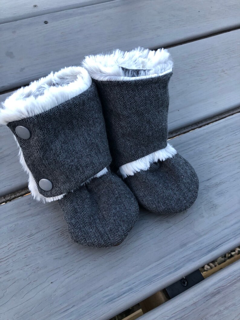 Dark Grey Herringbone wool Booties With Faux Fur | Etsy