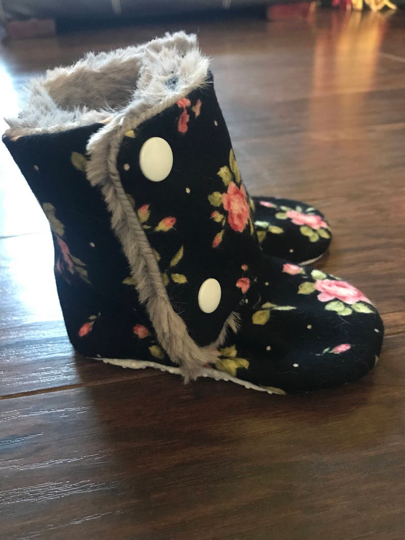 Black and Pink Floral Booties With Faux Fur Lining | Etsy