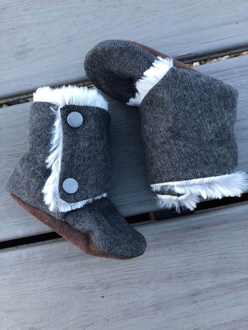 Dark Grey Herringbone wool Booties With Faux Fur | Etsy
