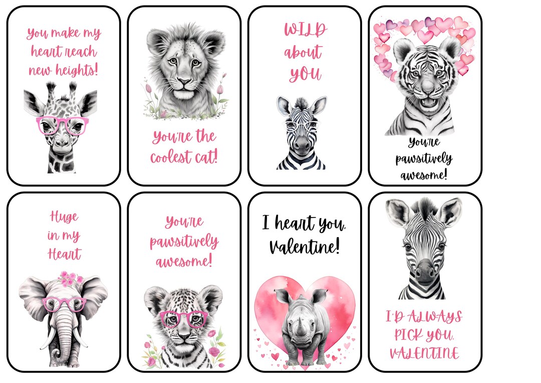 DIY Safari Animal Valentine Black and Pink - Printable Card Set - Etsy