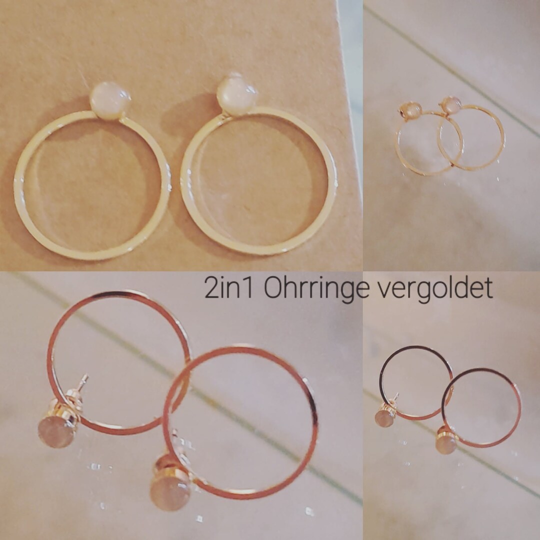 2in1 Loop Earrings Plug Gold Plated With Cabochons Beigeopal - Etsy