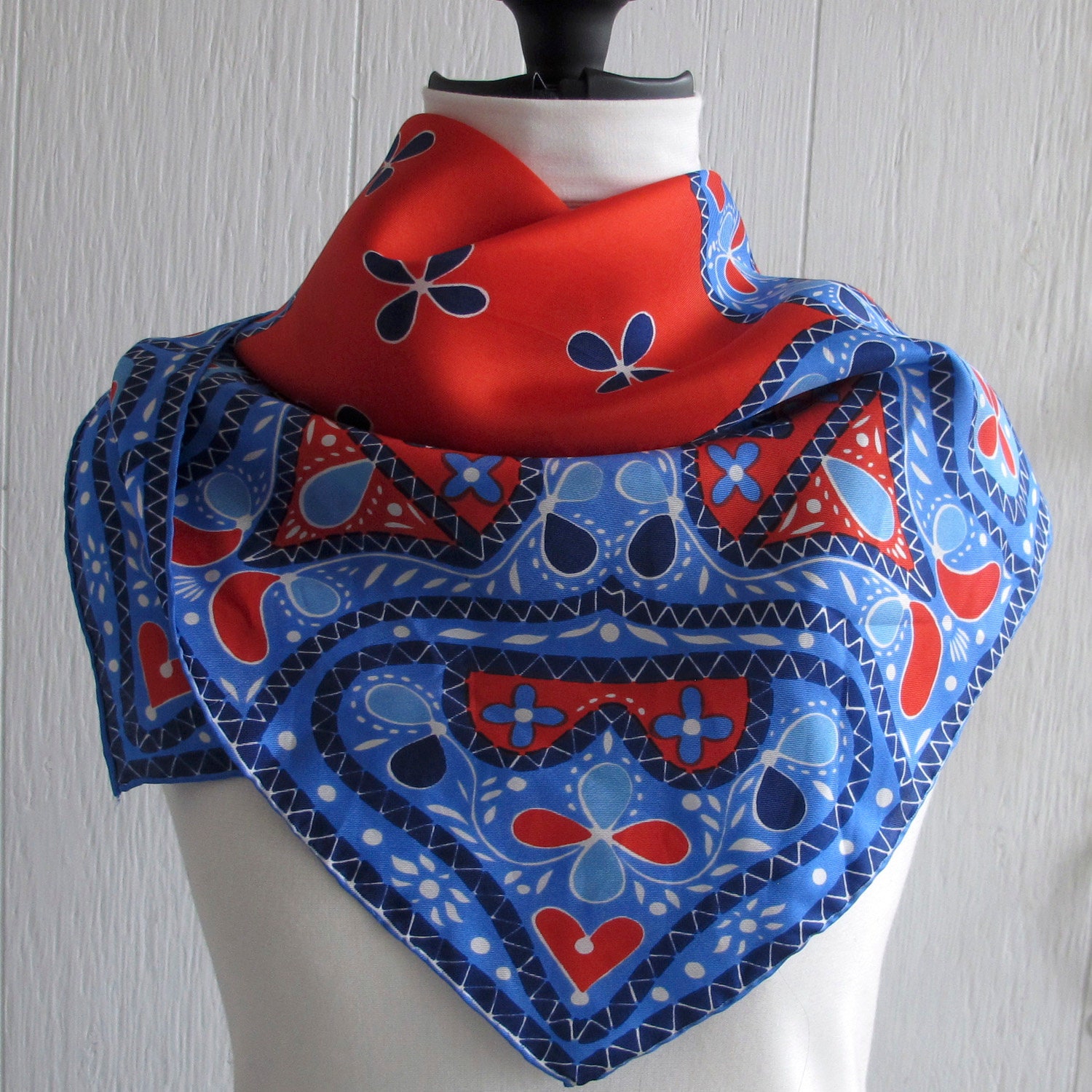 Vera Scarf Tiles Hearts Design Blues Red Black Vintage Silk - Etsy