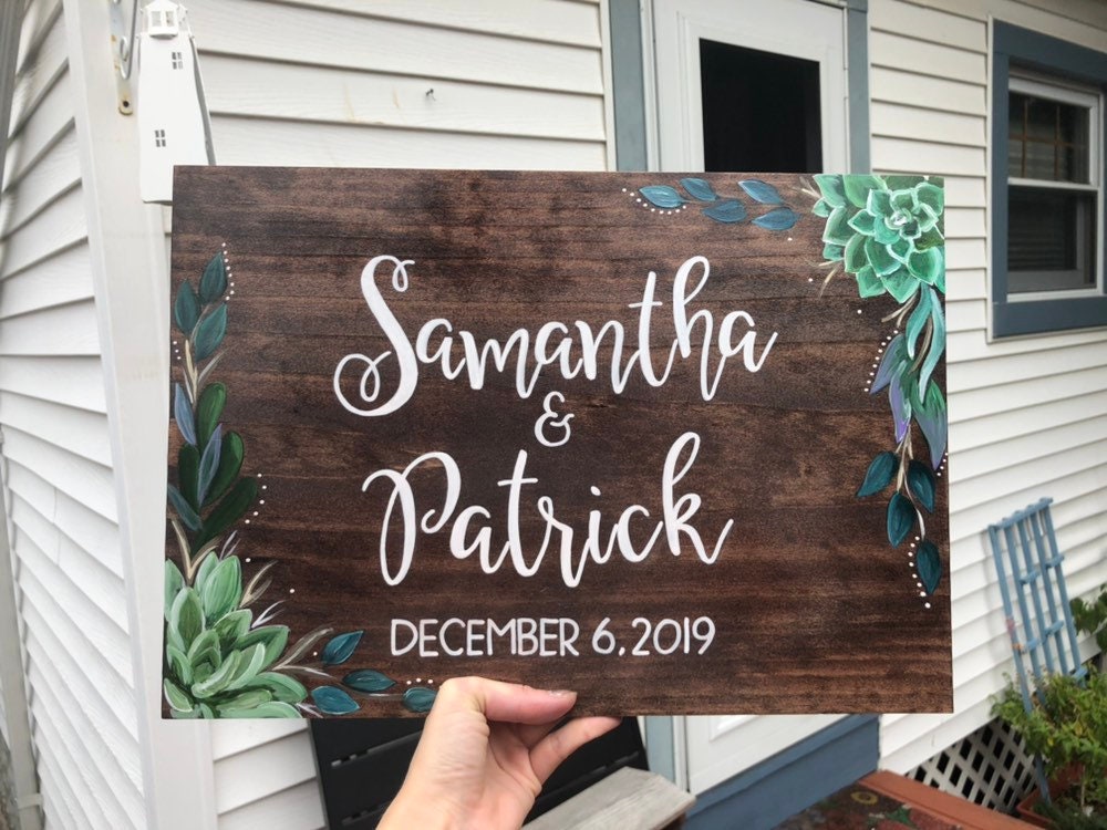 Last Name Hand Painted Wood Sign With Succulents, Wedding Sign, Plant ...
