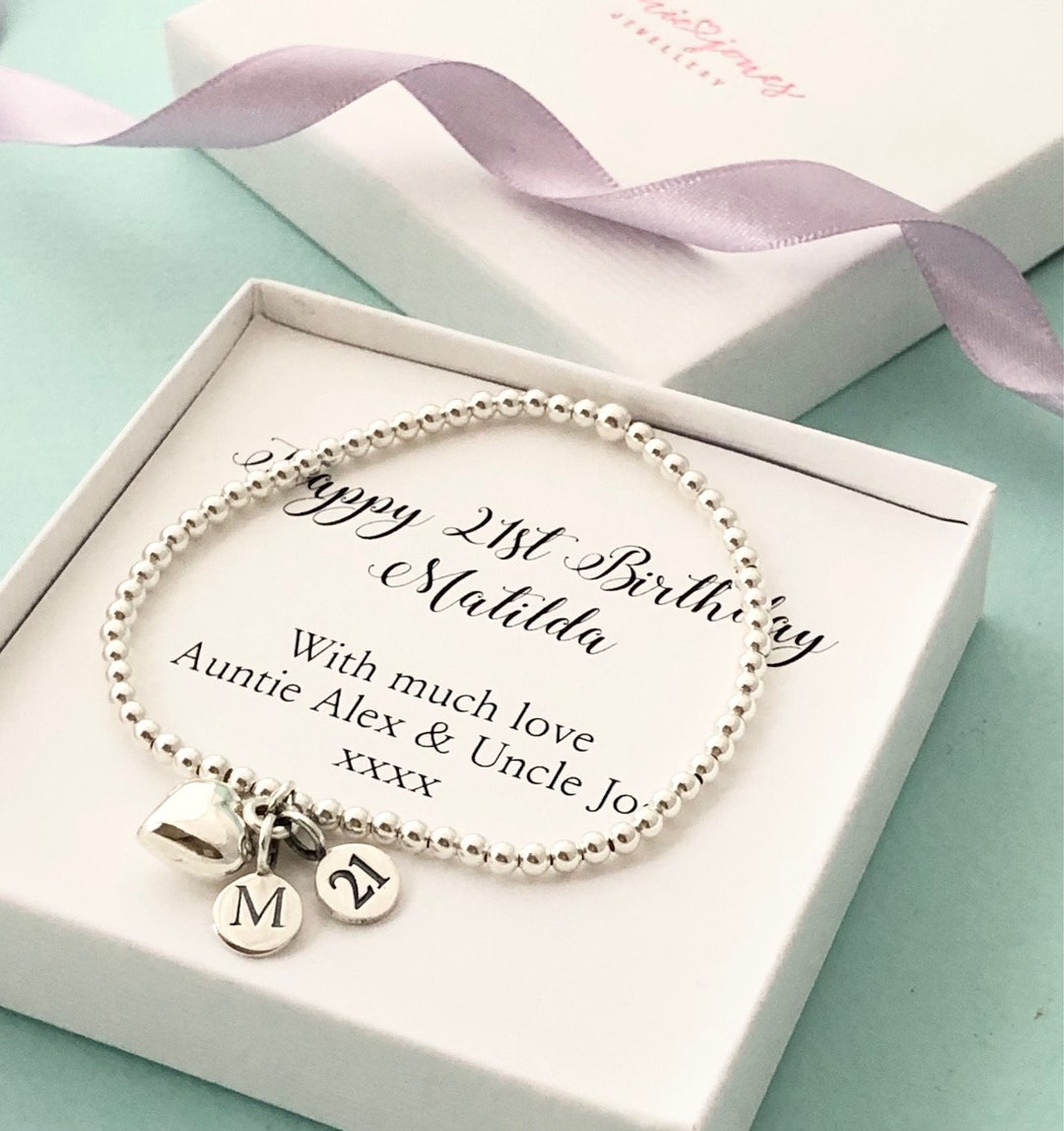 Personalised Sterling Silver 21st Birthday Bracelet With Silver Heart ...