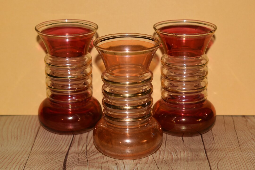 Vintage 1950's Cranberry & Amber Glass Posey/bud Vases With Flashed ...