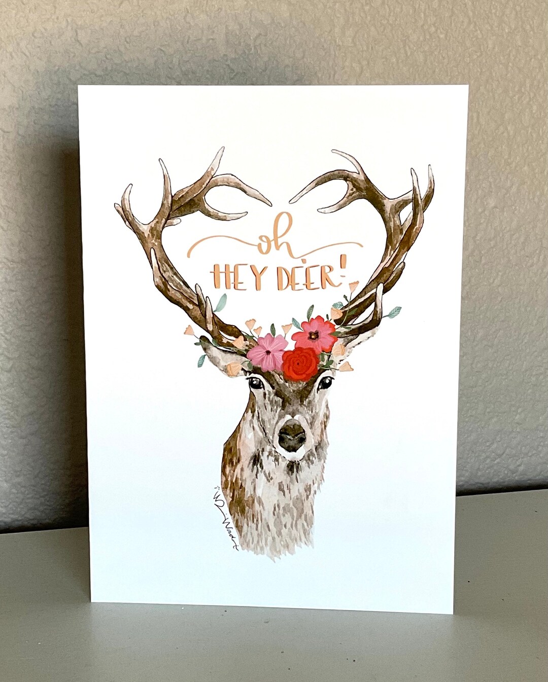 Greeting Card, Funny Stationary, Animal Watercolor, Antlers, Floral ...