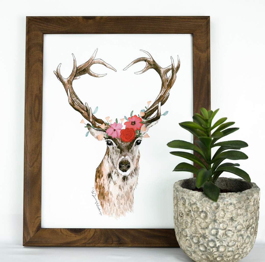 Deer, Antlers, Digital Art Print, Floral, Kitchen Art, Wall Art, Home ...