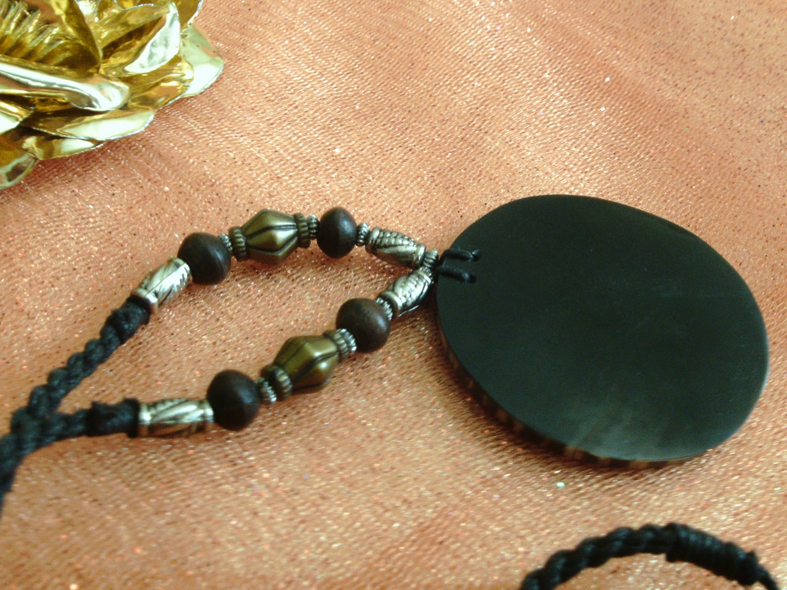 Vintage Natural Stone Layer Disk Pendant, Wood, Metal Beads & Brown ...