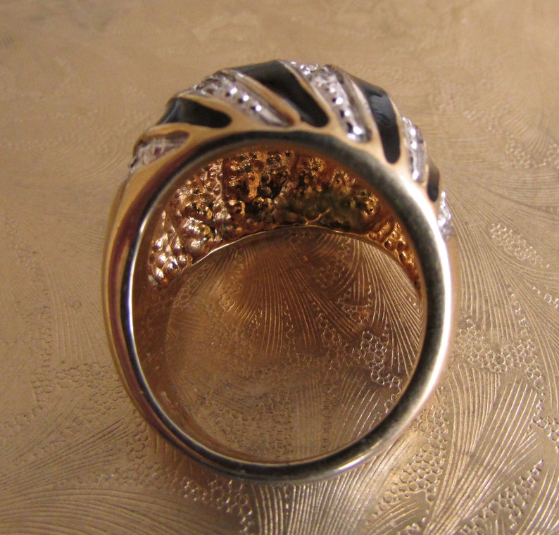 Vintage Gold 18K HGE Faux Diamond Rhinestones & Black Enamel Chunky ...