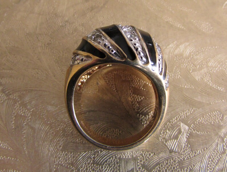 Vintage Gold 18K HGE Faux Diamond Rhinestones & Black Enamel Chunky ...