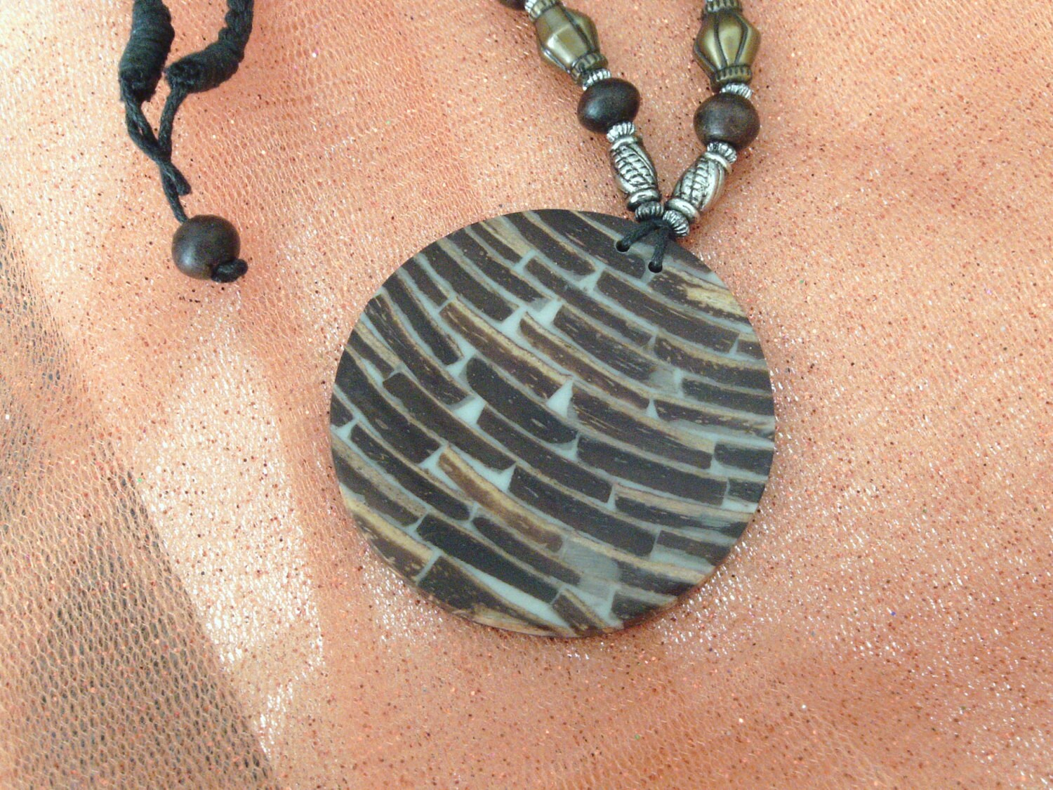 Vintage Natural Stone Layer Disk Pendant, Wood, Metal Beads & Brown ...