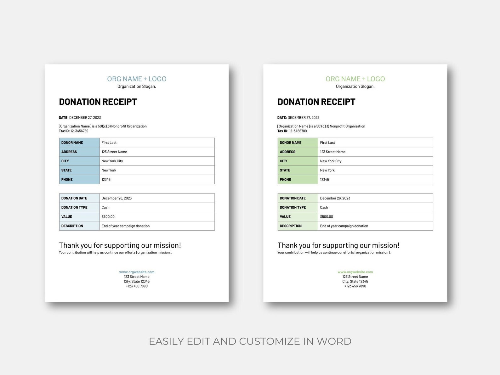 Editable Donation Receipt Template | US Letter Size - Microsoft Word - Etsy