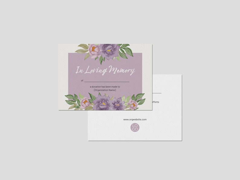 In Memory of Donation Card | Memorial Gift Acknowledgement Card ...