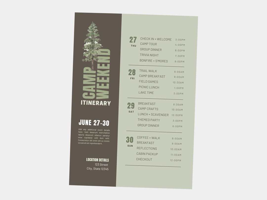 Camp Itinerary Template | Camp Weekend Timeline | Customizable Canva ...