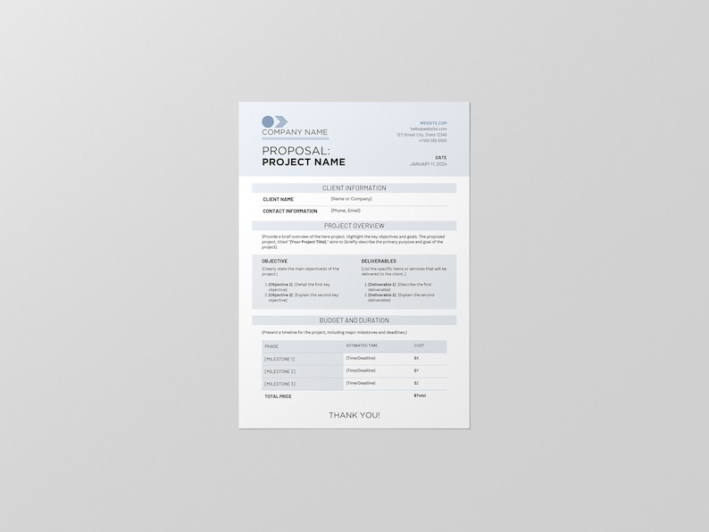 One Page Project Proposal Template | Client Proposal Template | Minimal Brief Proposal ...
