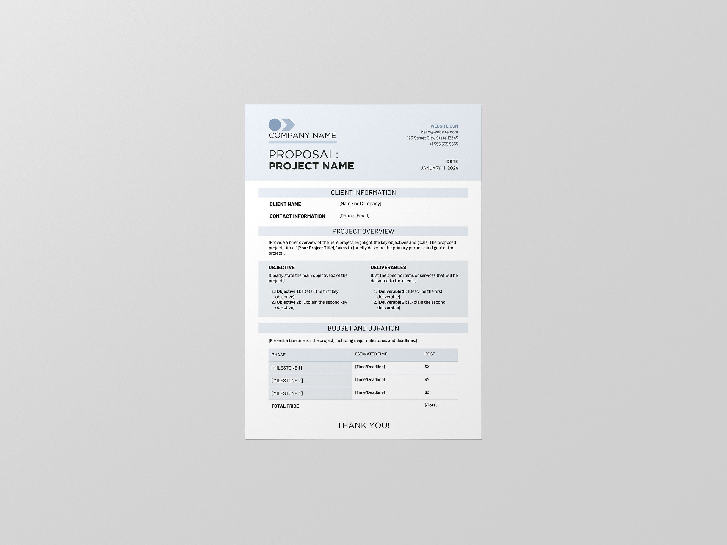 One Page Project Proposal Template | Client Proposal Template | Minimal ...