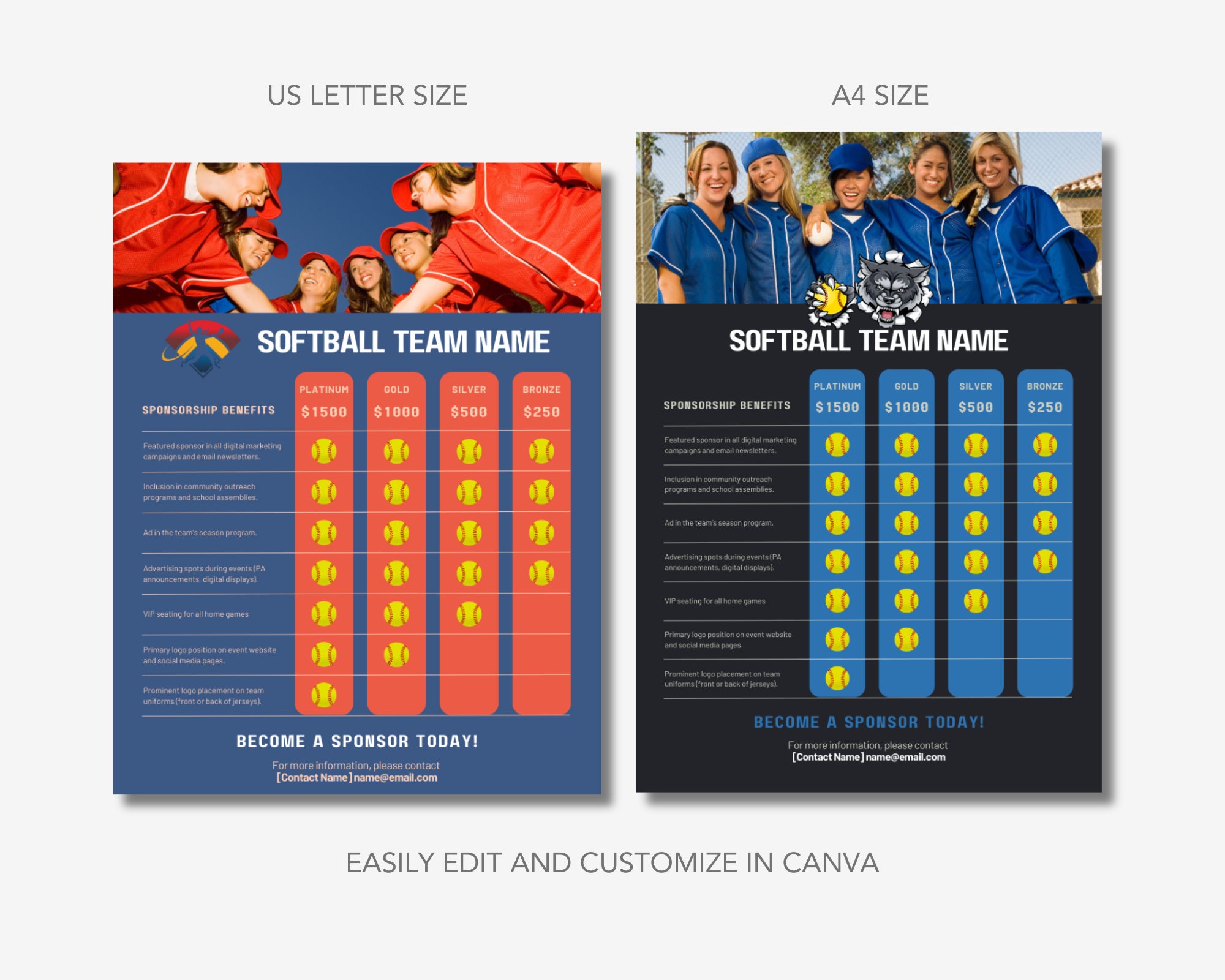Softball Sponsorship | Sports Team Sponsorship Package Template | Customizable Editable Two-page ...