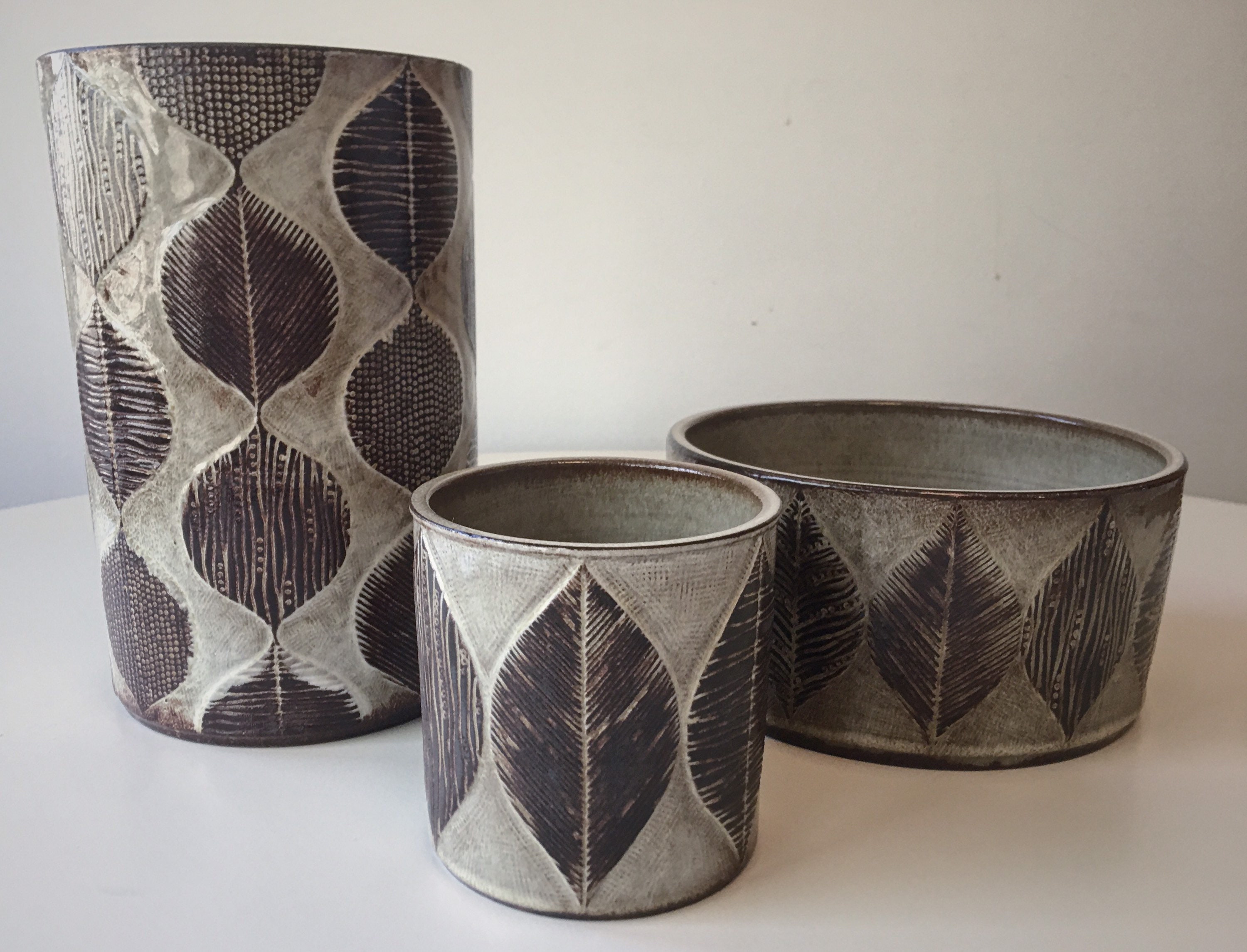 Vintage Sgraffito Leaf Pottery Vase Set: Mid-century Modern Danish ...
