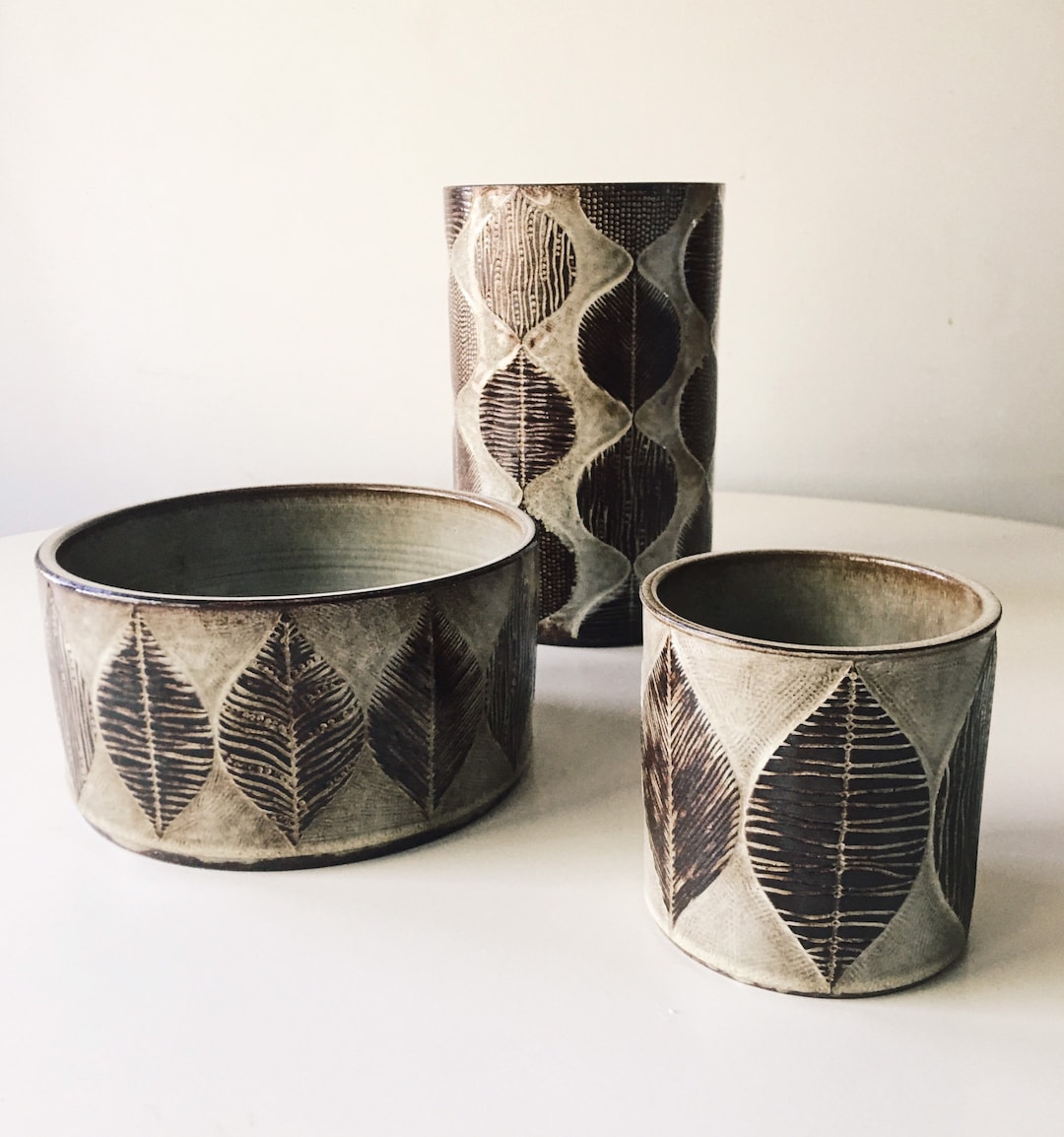 Vintage Sgraffito Leaf Pottery Vase Set: Mid-century Modern Danish ...