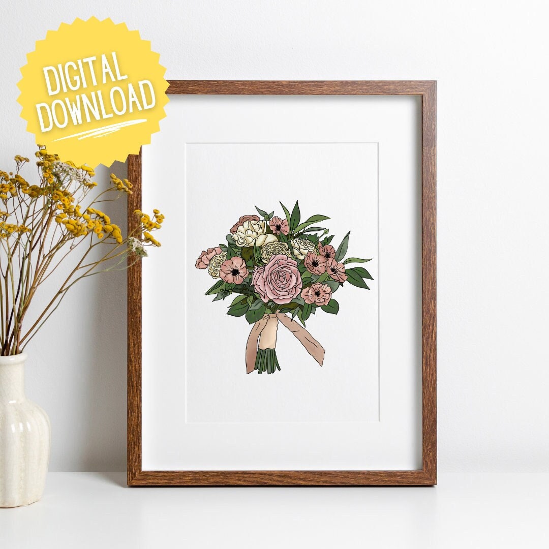 DIGITAL DOWNLOAD: Custom Bouquet Drawing, Wedding Bouquet, Line Drawing ...