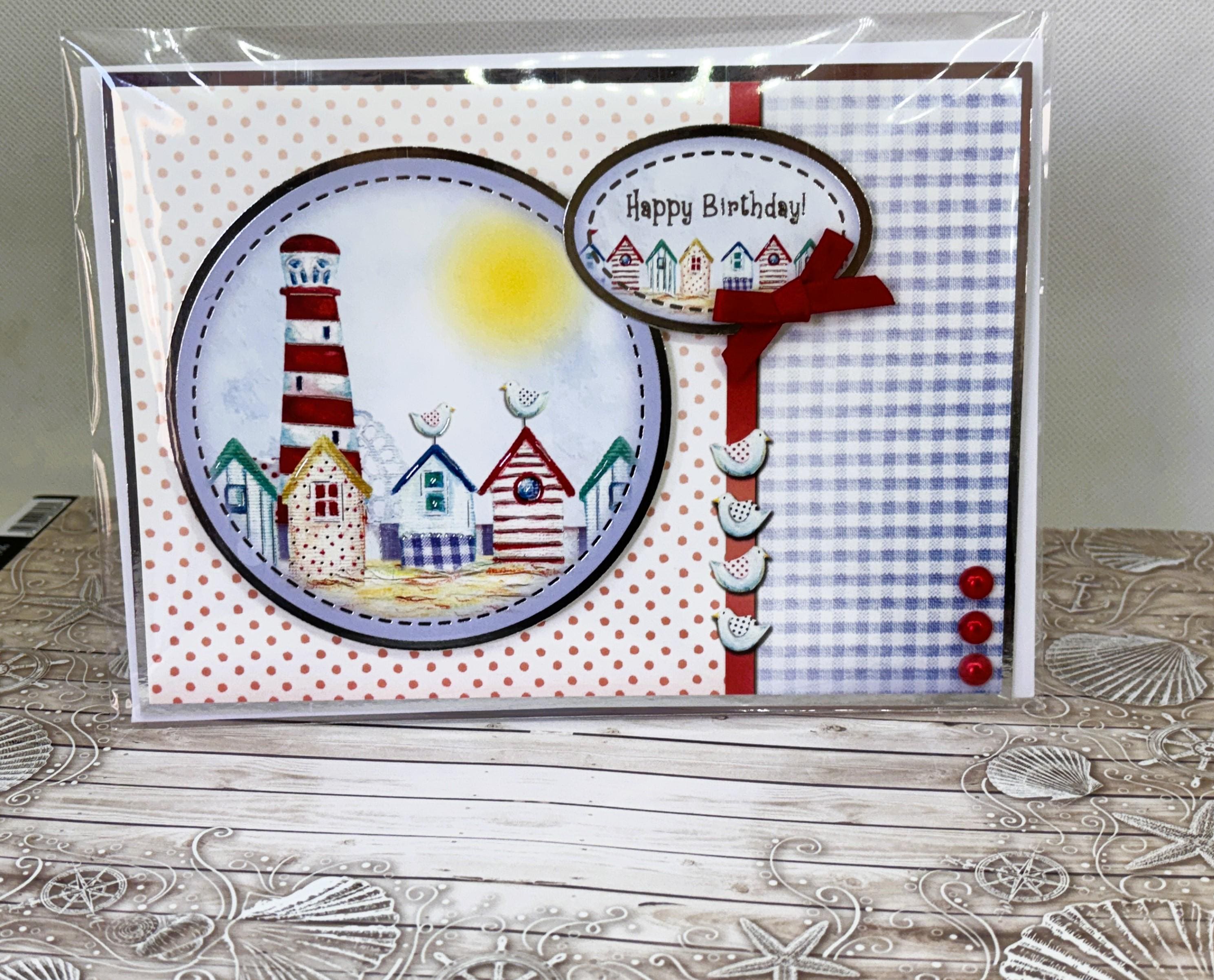 Happy Birthday - Handmade Greetings Card With Coastal Scene, Beach Huts ...