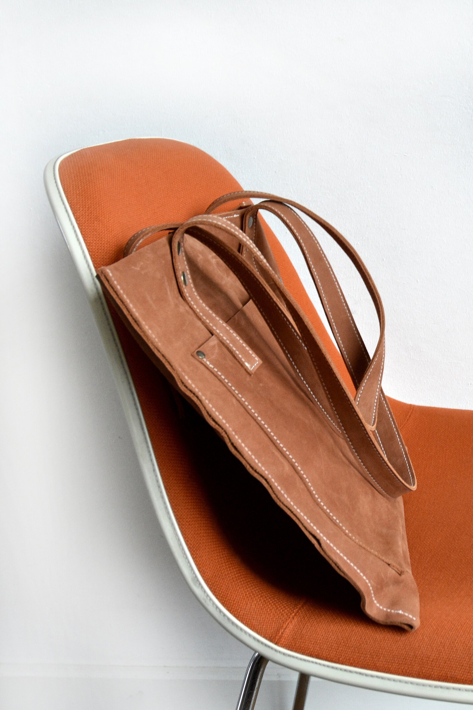 Cognac Colored Flat Constructed Shoulder Bag Brown Leather - Etsy