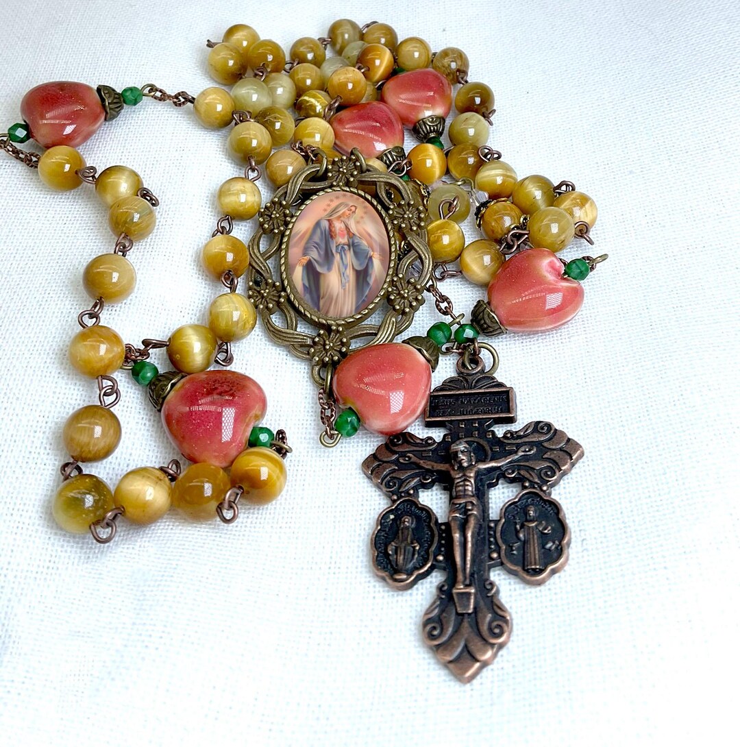 Rosary Miraculous Mary Tiger Eye Beads Victorian Style Antiqued Pardon ...