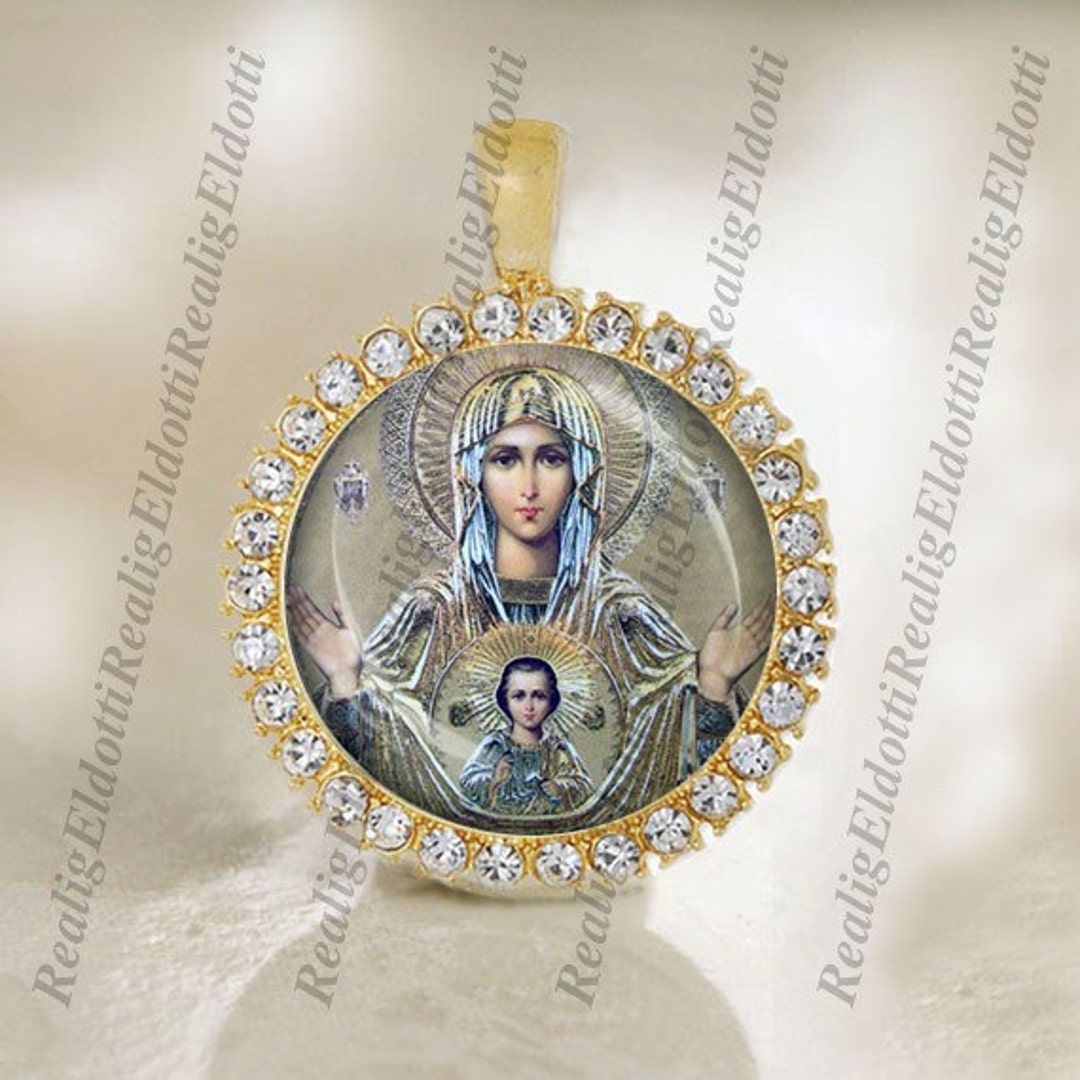 Our Lady of the Sign Medal Pendant: Rhinestone Gold Tone Virgin Mary ...