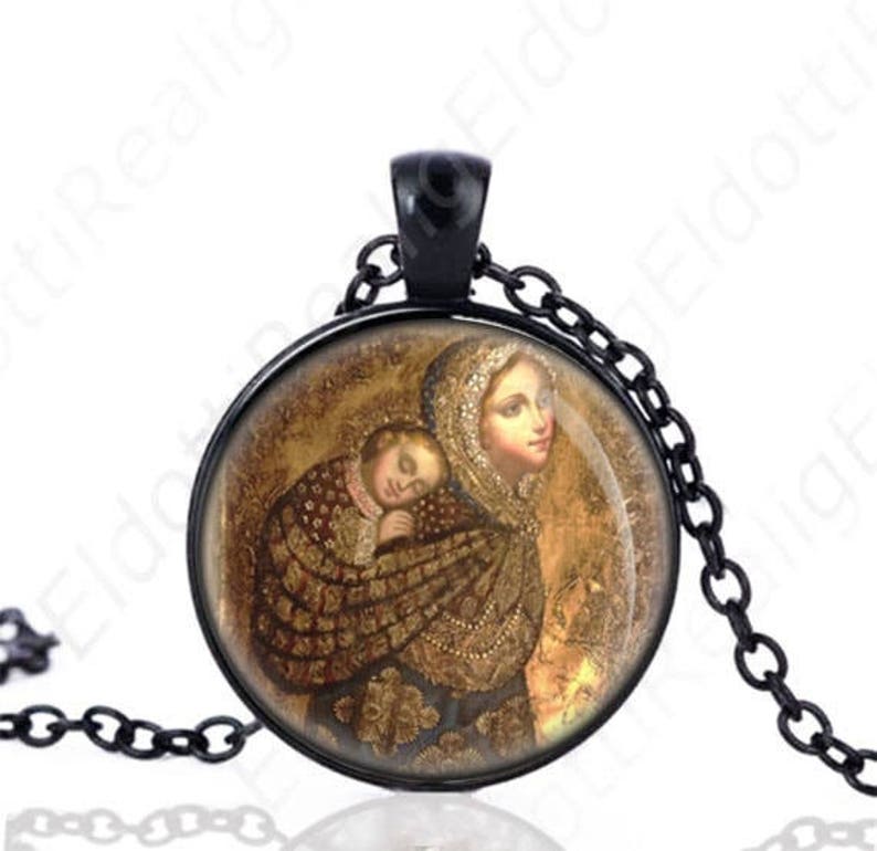 Babywearing Mother Mary and Child Black Necklace Catholic Madonna Sling ...