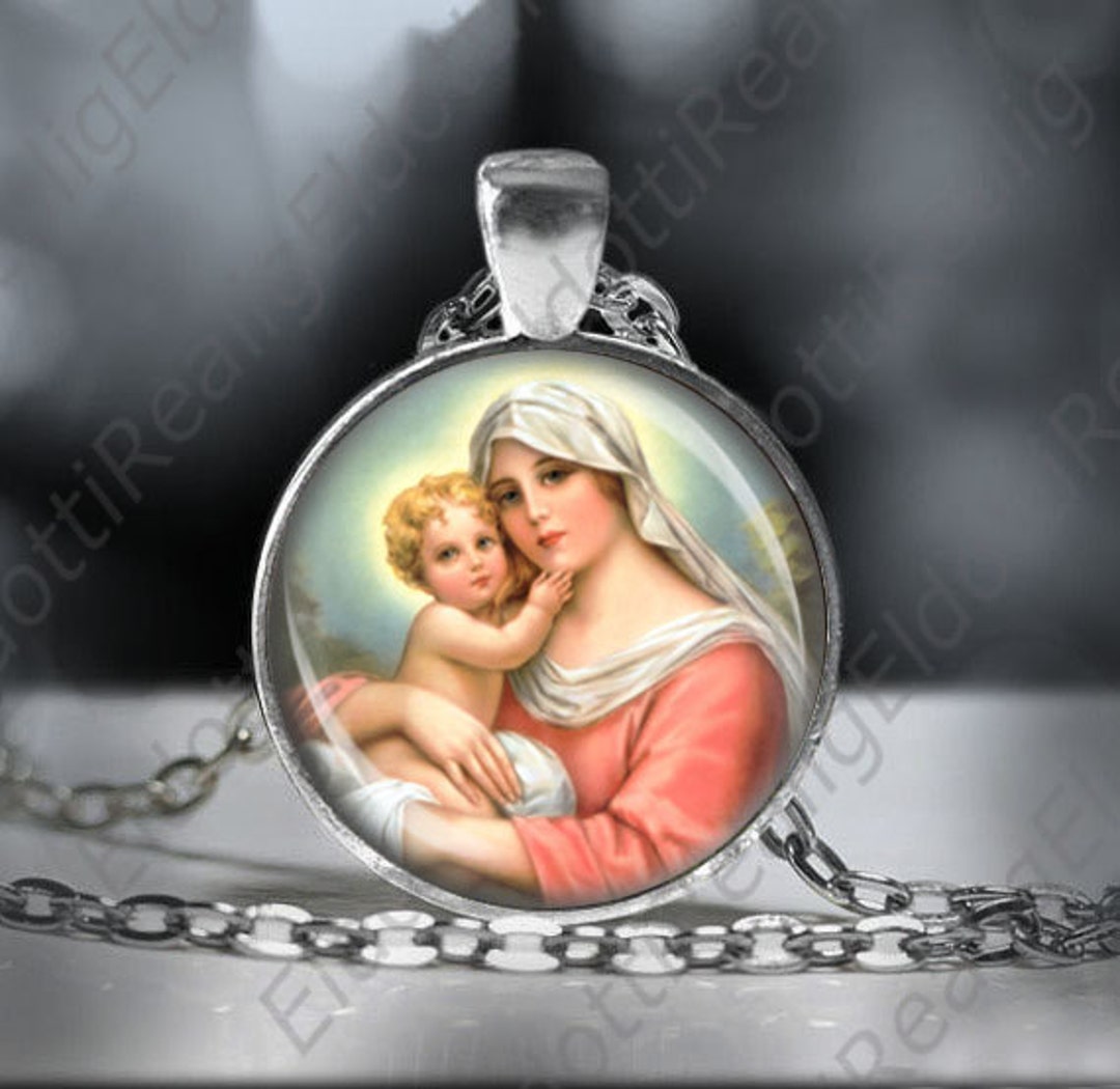 Mother Virgin Mary and Baby Catholic Necklace Christian Madonna Medal ...