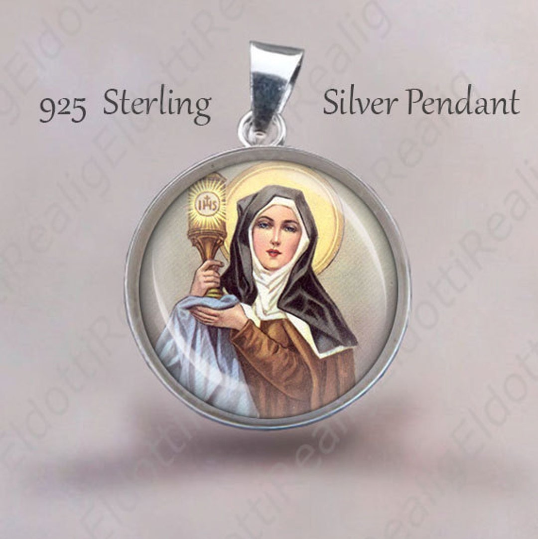 St. Clare of Assisi Catholic Pendant. Sterling Silver 925 Pendant 20mm. Italian Saint Silver ...