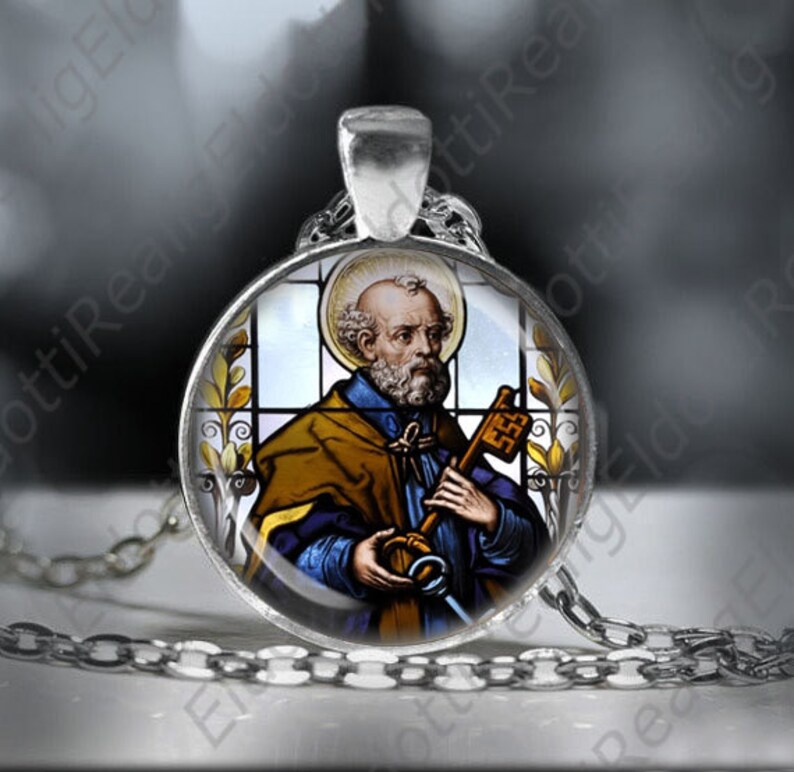 St. Peter the Apostle Catholic Necklace Medal Silvertone Pendant ...