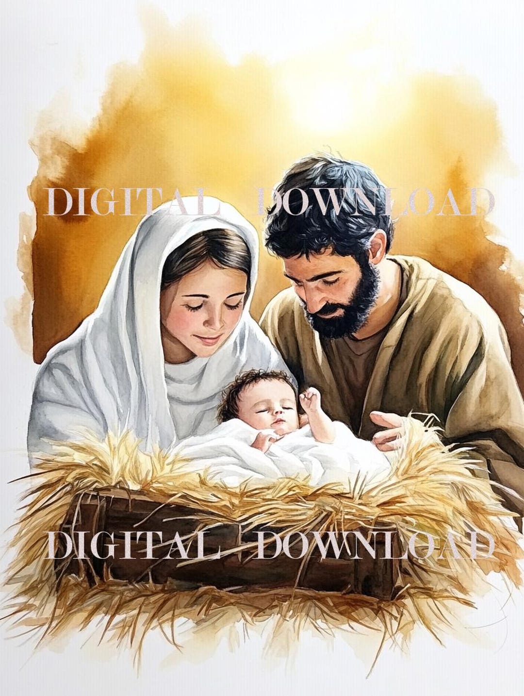 Watercolor Nativity Scene Mary, Joseph and Baby Jesus Print Religious ...