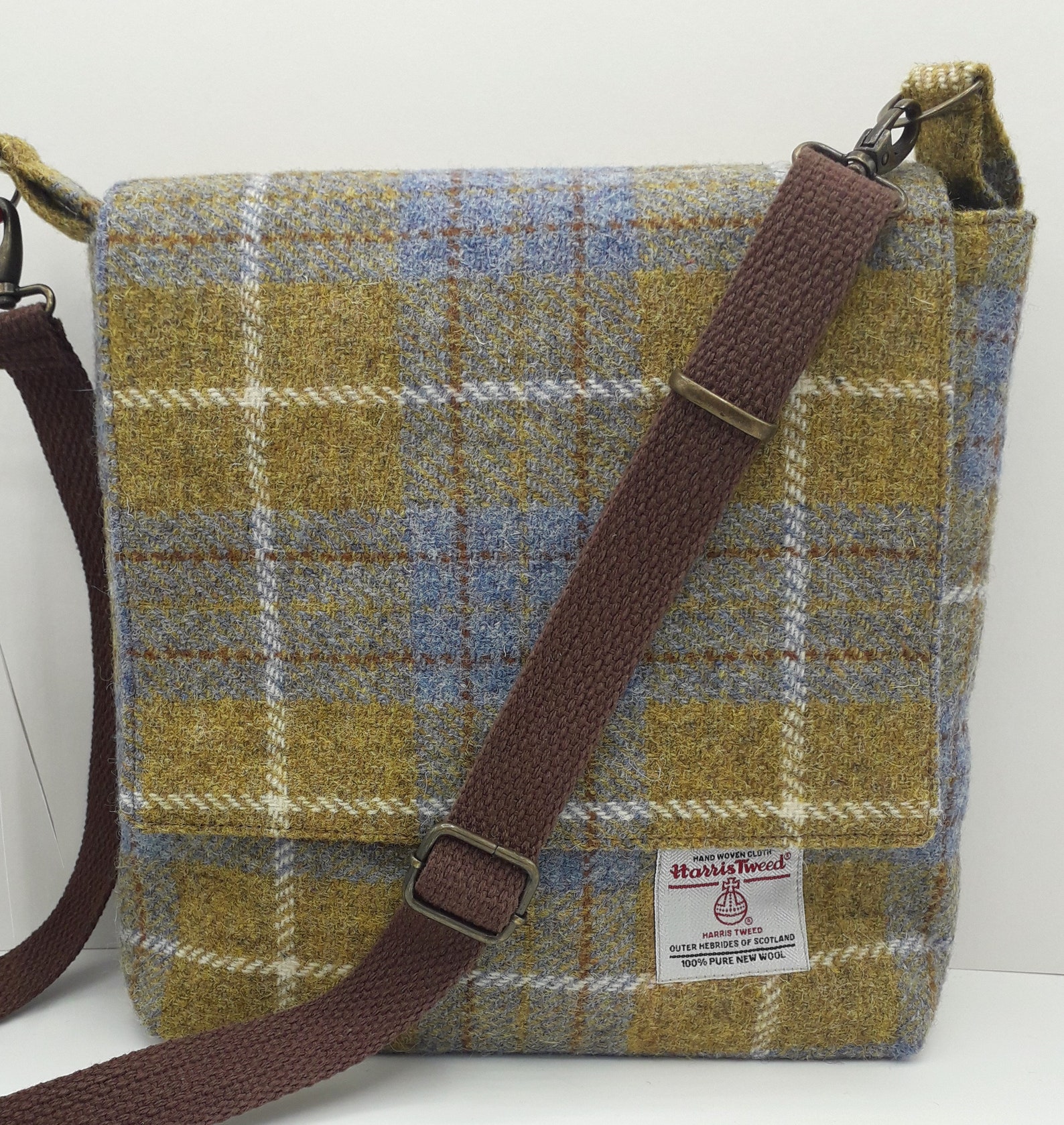 HARRIS TWEED Small Messenger Bag / Shoulder Bag / Mustard and Blue ...