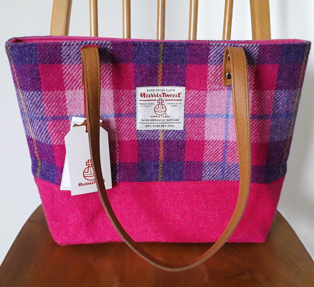 Harris Tweed Tote Shoulder Bag /pink and Purple Check/ Handmade in ...