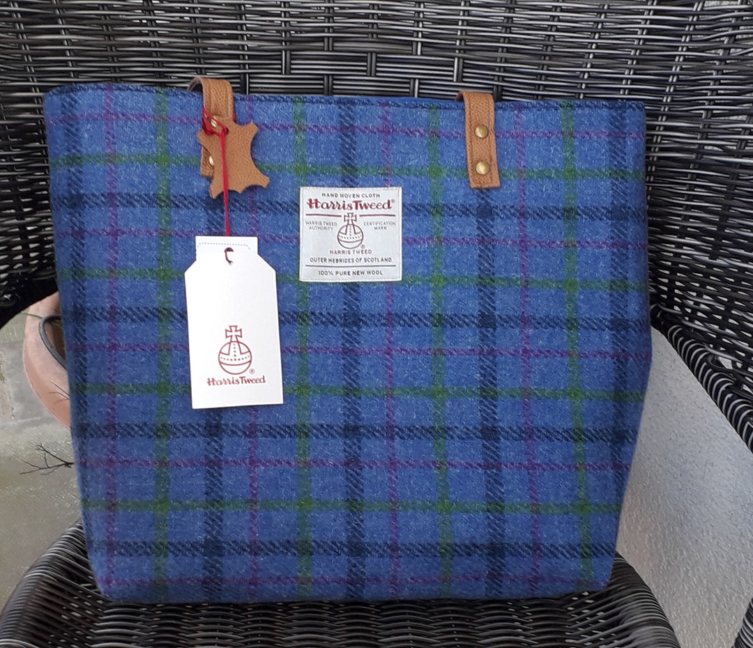 Harris Tweed Tote Bag /medium Blue Plaid Checked / Handmade in Scotland ...
