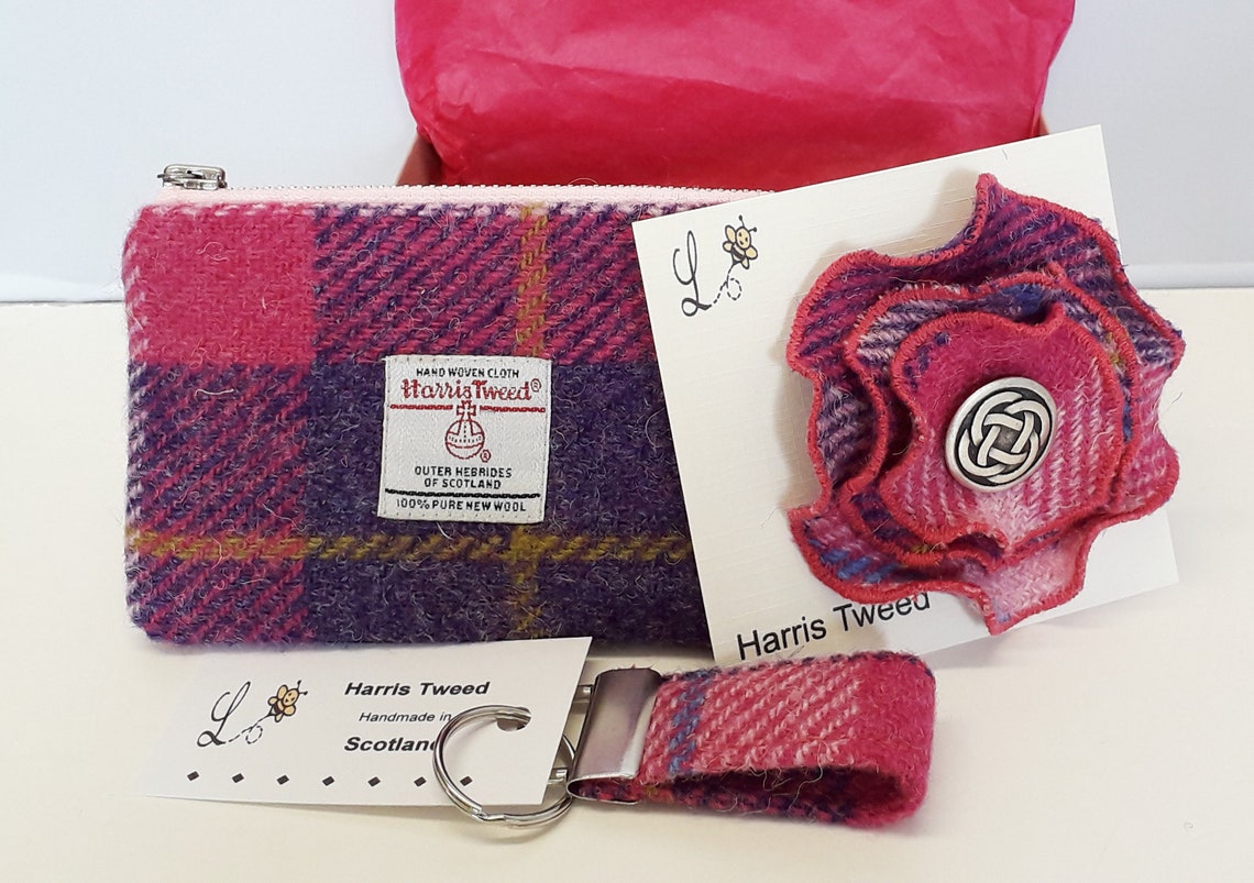 HARRIS TWEED Accessory Gift Set / Handmade in Scotland/ Pink | Etsy