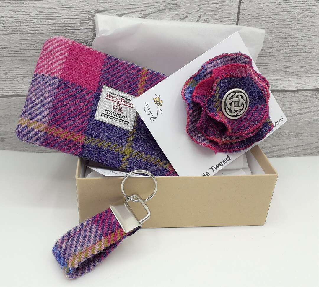 HARRIS TWEED Accessory Gift Set / Handmade in Scotland/ Pink and Purple ...