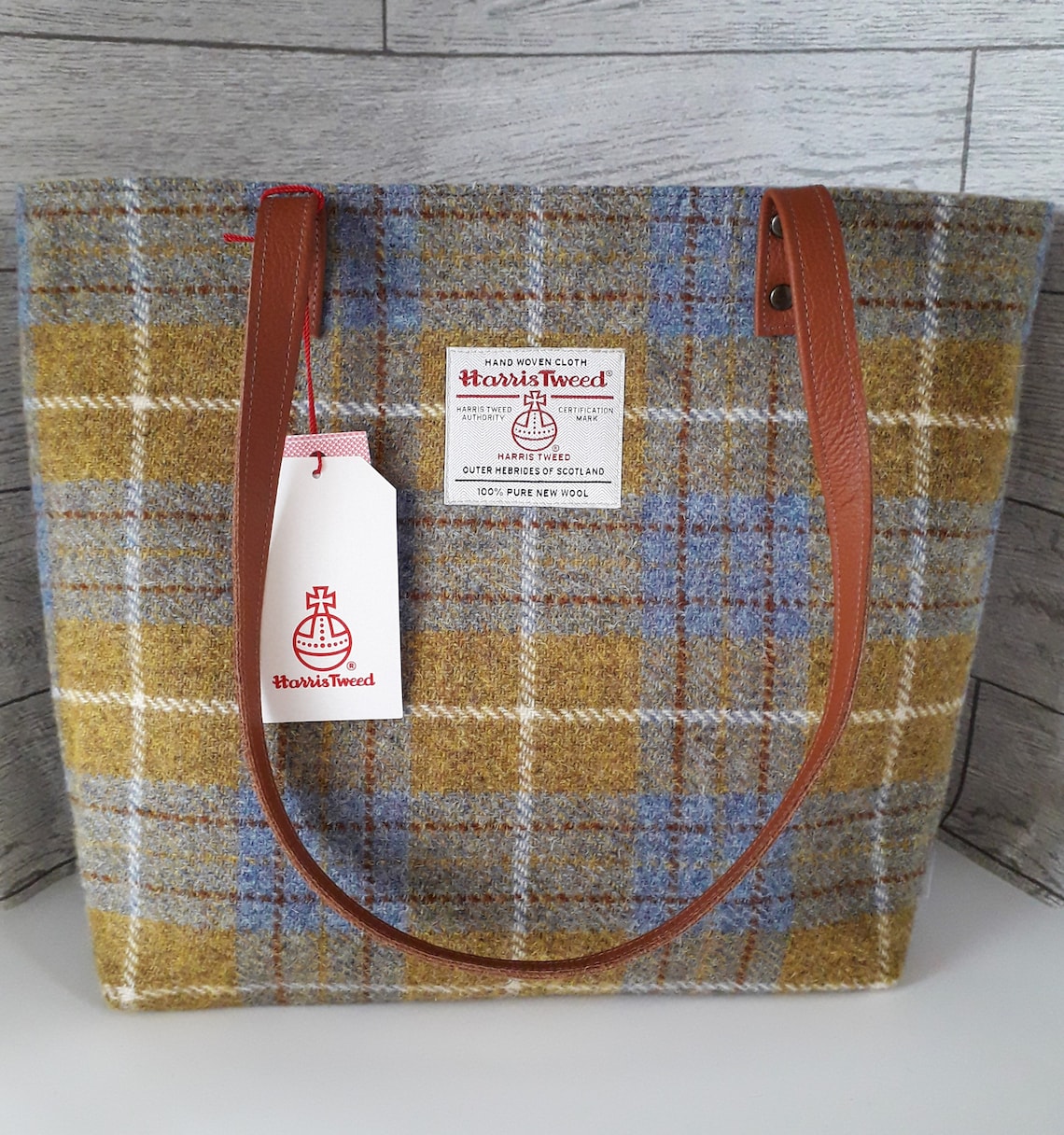 Harris Tweed Tote Bag /mustard and Blue/grey Checked / Handmade in ...