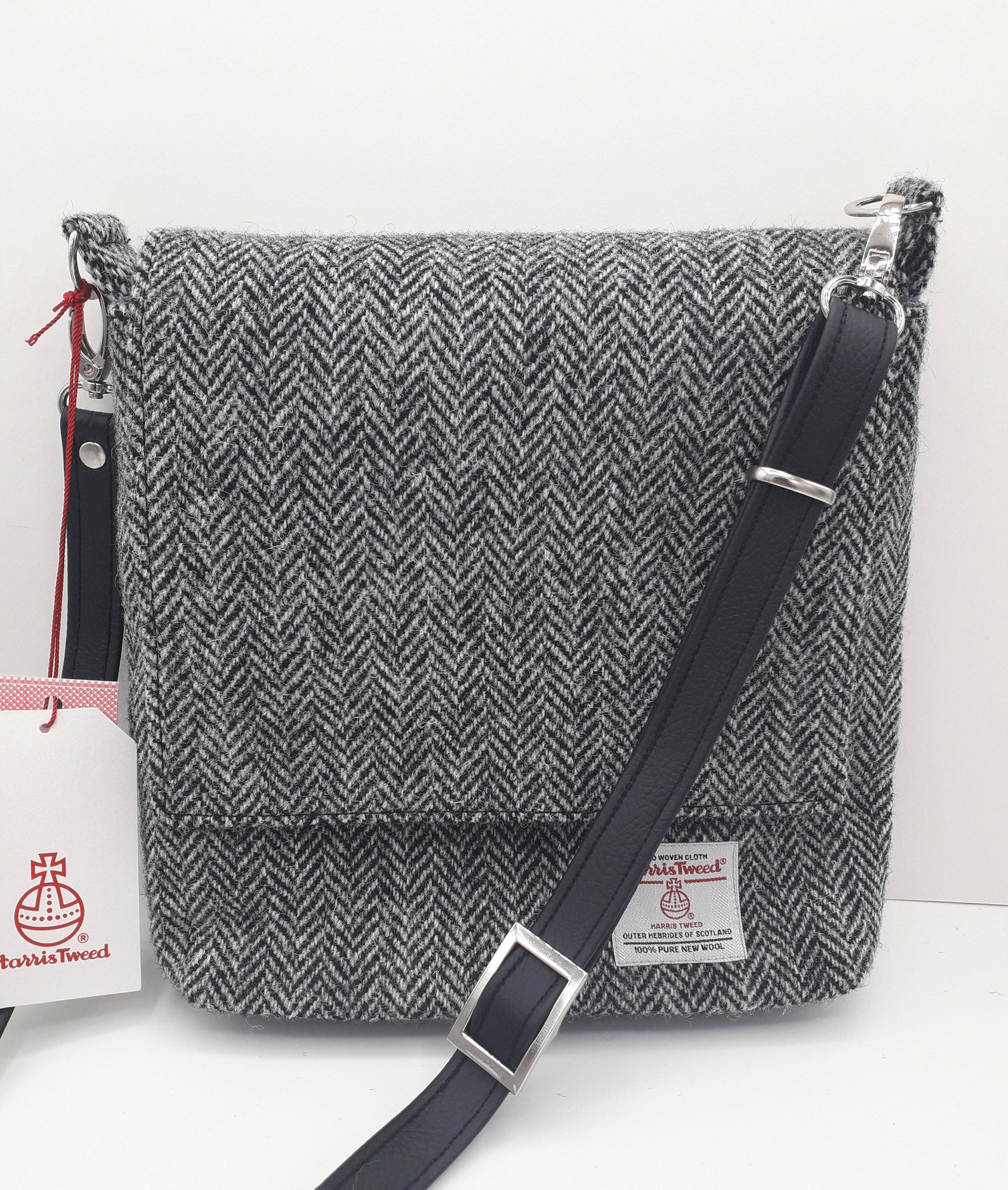 Harris Tweed Small Messenger Bag / Shoulder Bag / Black and Grey ...