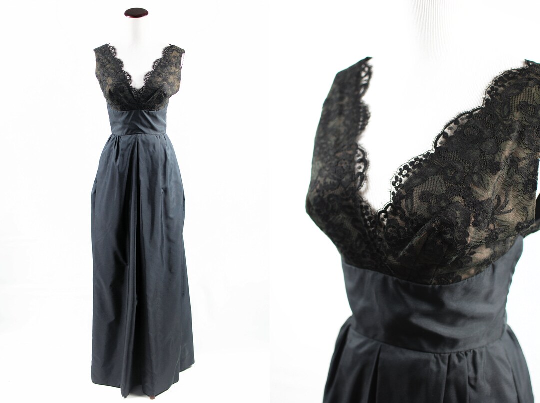 1960's 'helen Rose' Designer Black Taffeta & Lace Deep V-neck ...