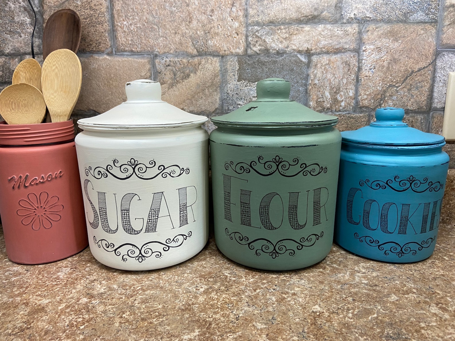 Farmhouse Canisters, Flour Canister, Painted Glass, Kitchen Canisters ...
