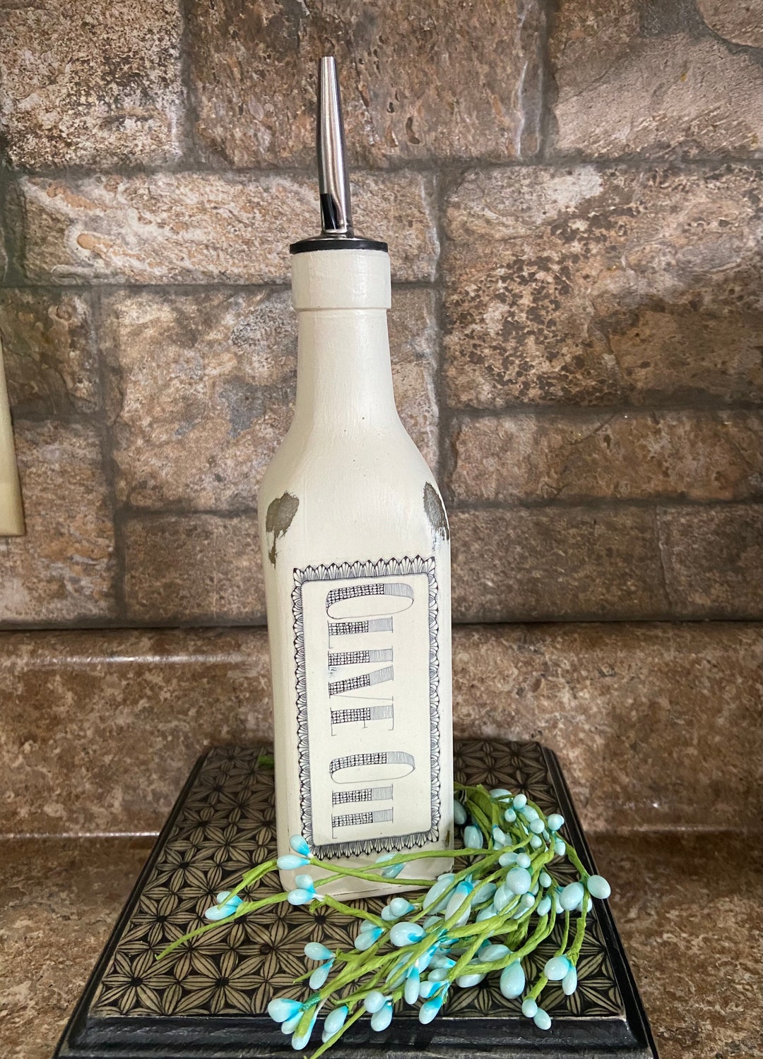 Olive Oil Dispenser, Rustic Oil Jar, Painted Cruet, Farmhouse Kitchen ...
