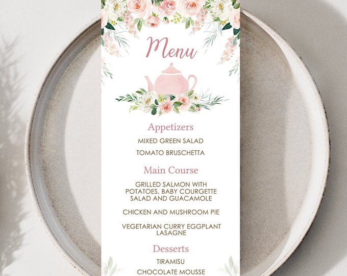 Editable Tea Party Menu Template, Floral Tea Menu Card, Bridal Tea Menu ...