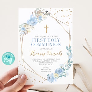 Boys First Holy Communion Invitation, Blue Communion Invitation ...